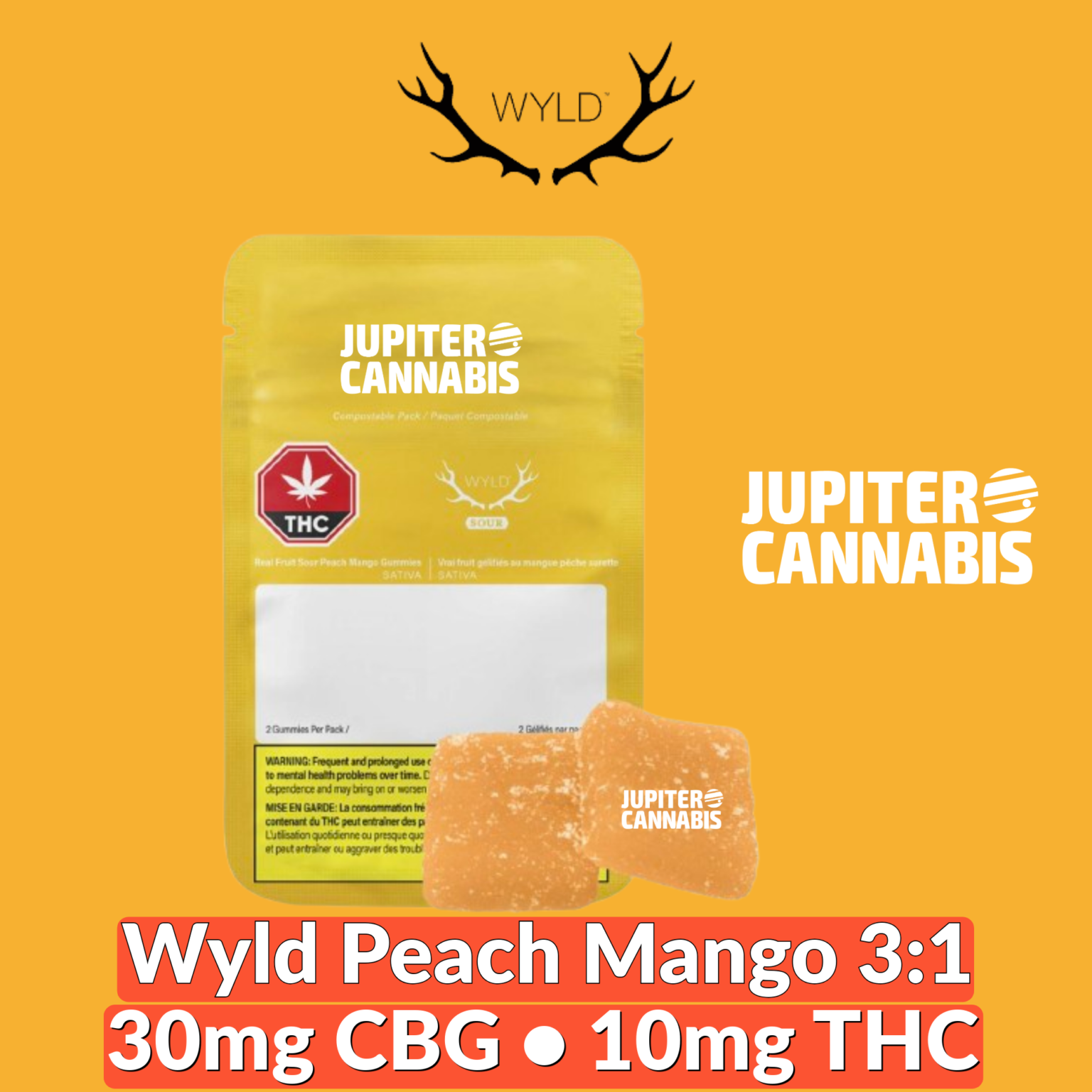 Wyld Sour Peach Mango 3:1 CBG:THC Gummies | Jupiter Cannabis Winnipeg